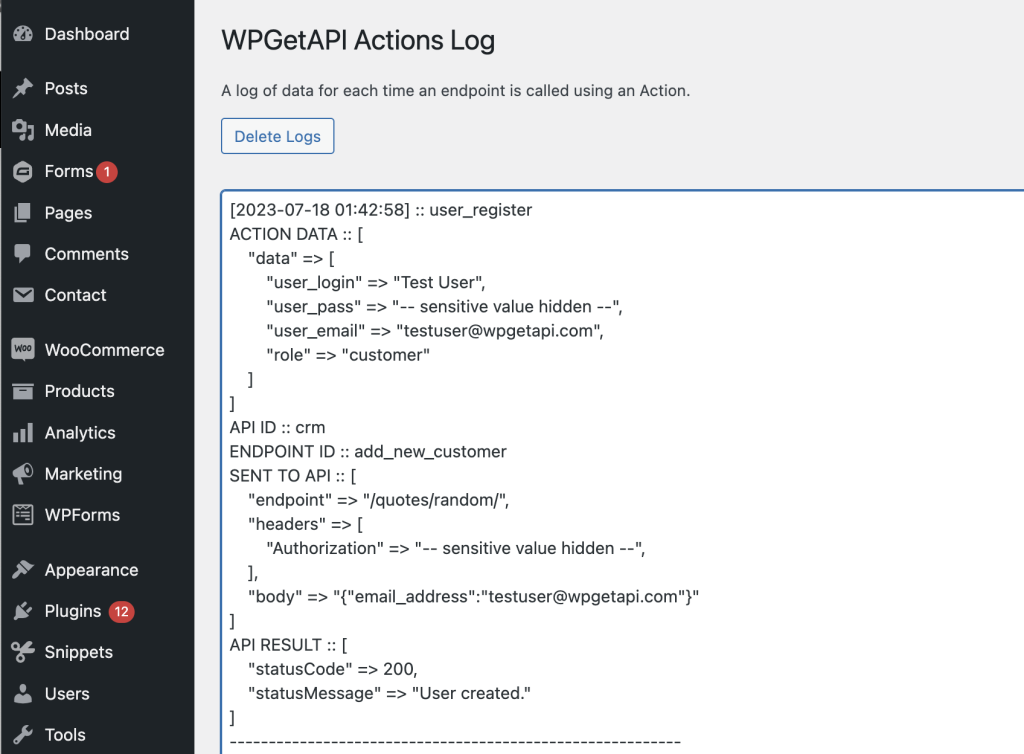Actions Wpgetapi